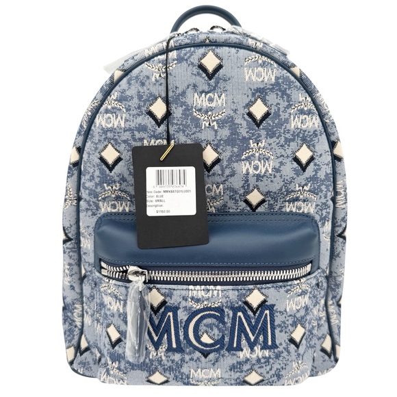 MCM | Bags | Mcm New Logo Monogrammed Jacquard Leather Blue Backpack ...